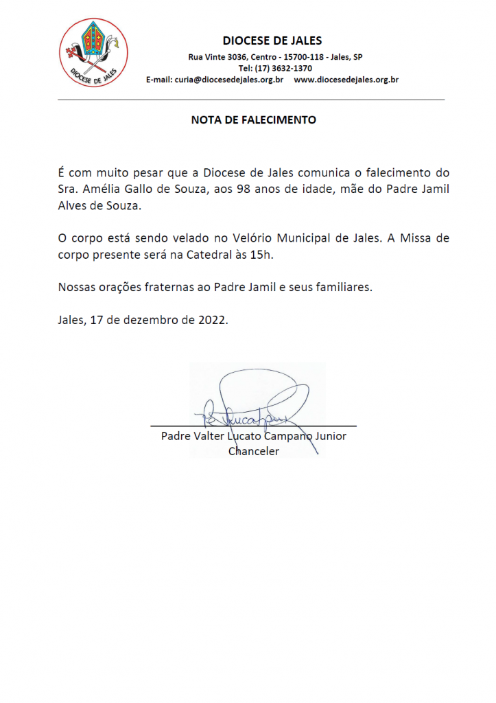Nota de Falecimento – Amélia Gallo de Souza - Diocese de Jales
